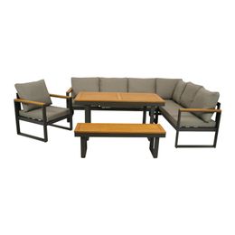 DEGAMO Funktions Eckbank Set KAMPALA 4-teilig, Aluminium anthrazit + Akazie, Polster grau