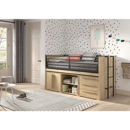 Vipack SAM halbhohes Bett mit ausziehbarem Schreibtisch, Regal, Kommode 2-trg., Kommode mit 3 Schubladen, Liegefl&auml;chen 90 x 200 cm, Ausf. Eiche Melamin Dekor
