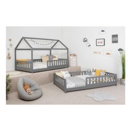 Ticaa 2 in 1 Ticaa Hausbett Bodenbett wandelbar mit abnehmbaren Dach Duo 90x200 cm, 100x200 cm, 120x200 cm, 140x200 f&uuml;r Jungen & M&auml;dchen, inkl. Rolllattenrost, Rausfallschutz variabel, Montessori Bett wei&szlig; aus Kiefer Massivholz