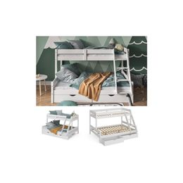 Vitalispa Hochbett Kinderbett Spielbett Everest Wei&szlig; modern 140x200 Massivholz Kinderzimmer Bett Lattenrost Bettleiter Kletterbett Doppelbett Geschwisterbett Bettschublade Rollschublade