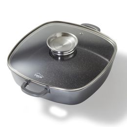 Stoneline Eckpfanne, 28x28 cm, mit Aroma Glasdeckel, Induktion, Aluminium, antihaft beschichtet mit echten Steinpartikeln, grau, Pfanne rechteckig, ohne Fett oder &Ouml;l kochen und braten