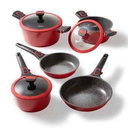 Stoneline Imagination PLUS Topf und Pfannenset, 8-teilig, mit Deckel und abnehmbarem Griff, Induktion, Aluguss, Pfanne mit echten Steinpartikeln beschichtet, rot