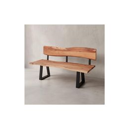 KADIMA DESIGN Esszimmerbank Landhaus-Stil: Baumkantenverzierung, Akazienholz, 180x60x84 cm, schwarzes Eisen-Gestell.
