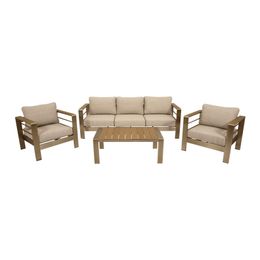 DEGAMO Lounge Set CANNES, Aluminium geb&uuml;rstet + Kunstholz natur, Polster hellgrau