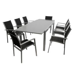 DEGAMO Garnitur MARINA 9-teilig, Aluminium silbergrau + Glas + Kunstgewebe schwarz