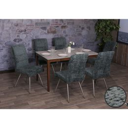 6er-Set Esszimmerstuhl MCW-G55, K&uuml;chenstuhl Lehnstuhl, Edelstahl geb&uuml;rstet Stoff/Textil Chenille ~ blau-gr&uuml;n
