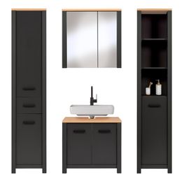 Inter Link Badm&ouml;bel-Set Carbona 4-teilig, Waschbeckenunterschrank, Spiegelschrank & 2 Hochschr&auml;nke, Anthrazit/Artisan Eiche