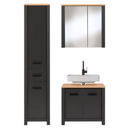 Inter Link Badm&ouml;bel-Set Carbona 3-teilig, Waschbeckenunterschrank, Spiegelschrank & Hochschrank, Anthrazit/Artisan Eiche