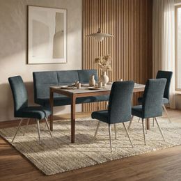 Esszimmer-Set MCW-G55, 4er-Set Stuhl + Sitzbank 160cm, Edelstahl geb&uuml;rstet Stoff/Textil Chenille ~ blau-gr&uuml;n