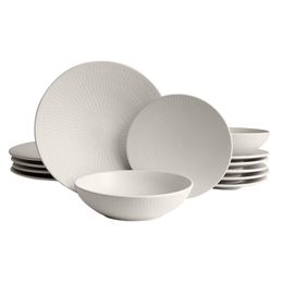 ECHTWERK 18-teiliges Vintage Tafelservice, "Blanka" Nature-Design, f&uuml;r 6 Personen, Stilvolles Geschirrset mit Struktur aus Steingut mit 6 x Speiseteller, 6 x Beilagenteller, 6 x Suppenteller, Creme