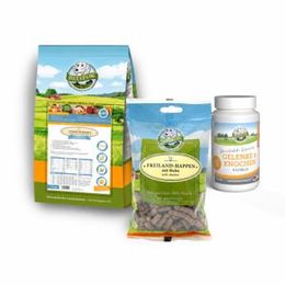 Bellfor Welpenfutter Set f&uuml;r gro&szlig;e Rassen - Wiesen-Schmaus Junior 4 kg + Freiland-Happen 200g + Gelenke & Knochen Kapseln 30 St&uuml;ck mit Ovopet 60g