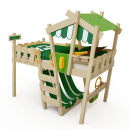 Hochbett CrAzY Hutty Massivholz Kinderbett mit Dach 90x200 cm - Spielbett Abenteuerbett platzsparend inkl. Zubeh&ouml;r - Spiel- und Schlafbereich Wickey
