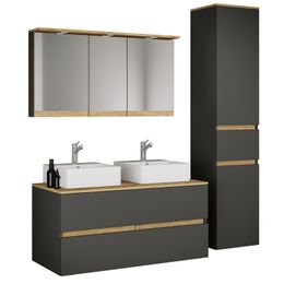 Vcm 5-tlg. Doppelwaschtisch Cosila mit 2 Keramikbecken &ndash; Badschrank H. 51 x B. 111 x T. 51 cm mit 2 Softclose-Schubladen, Spiegelschrank mit Beleuchtung & Steckdose und Hochschrank Cosila-A