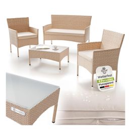 Juskys Polyrattan Gartenm&ouml;bel-Set Fort Myers creme mit Tisch, Sofa, 2 St&uuml;hle & Auflagen in sand