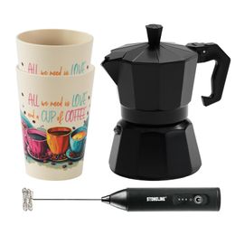 Stoneline Espressokocher Set mit Becher & Milchaufsch&auml;umer, Schwarz