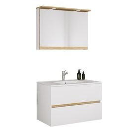 Vcm 3-tlg. Waschtisch Set mit Keramikbecken, Badschrank mit 2 Softclose-Schubladen, Spiegelschrank mit Beleuchtung und Steckdose, Ma&szlig;e Unterschrank H. 51 x B. 81 x T. 47 cm, Cosila-I