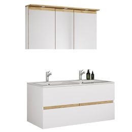 Vcm 3-tlg. Doppelwaschtisch Cosila mit Doppel Keramikbecken &ndash; Badschrank H. 51 x B. 111 x T. 51 cm mit 2 Softclose-Schubladen, Spiegelschrank mit Beleuchtung & Steckdose, Waschplatz Set Cosila-I