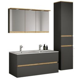 Vcm 4-tlg. Doppelwaschtisch Cosila mit Doppel Keramikbecken &ndash; Badschrank H. 51 x B. 111 x T. 51 cm mit 2 Softclose-Schubladen, Spiegelschrank mit Beleuchtung & Steckdose und Hochschrank Cosila-I
