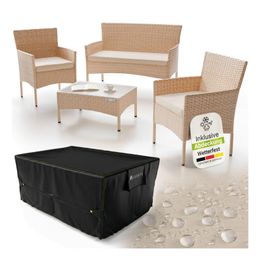 Juskys Polyrattan Gartenm&ouml;bel-Set Fort Myers creme mit Tisch, Sofa, 2 St&uuml;hle & Auflagen in sand inkl. Abdeckung