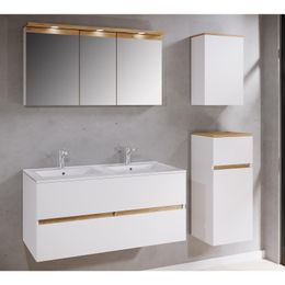 Vcm 5-tlg. Doppelwaschtisch Cosila mit Doppel Keramikbecken &ndash; Badschrank H. 51 x B. 111 x T. 51 cm mit 2 Softclose-Schubladen, Spiegelschrank mit Beleuchtung & Steckdose, Midi und H&auml;ngeschrank, Waschplatz Set Cosila-I
