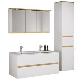 Vcm 4-tlg. Doppelwaschtisch Cosila mit Doppel Keramikbecken &ndash; Badschrank H. 51 x B. 111 x T. 51 cm mit 2 Softclose-Schubladen, Spiegelschrank mit Beleuchtung & Steckdose und Hochschrank Cosila-I