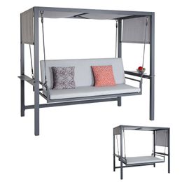 Alu-Hollywoodschaukel MCW-L47, Gartenschaukel H&auml;ngeschaukel Liegefunktion, Dach Textil Olefin 195x221x131cm Polster grau