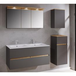 Vcm 5-tlg. Doppelwaschtisch Cosila mit Doppel Keramikbecken &ndash; Badschrank H. 51 x B. 111 x T. 51 cm mit 2 Softclose-Schubladen, Spiegelschrank mit Beleuchtung & Steckdose, Midi und H&auml;ngeschrank, Waschplatz Set Cosila-I