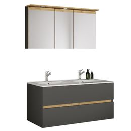 Vcm 3-tlg. Doppelwaschtisch Cosila mit Doppel Keramikbecken &ndash; Badschrank H. 51 x B. 111 x T. 51 cm mit 2 Softclose-Schubladen, Spiegelschrank mit Beleuchtung & Steckdose, Waschplatz Set Cosila-I