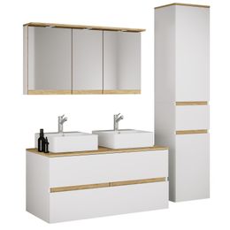 Vcm 5-tlg. Doppelwaschtisch Cosila mit 2 Keramikbecken &ndash; Badschrank H. 51 x B. 111 x T. 51 cm mit 2 Softclose-Schubladen, Spiegelschrank mit Beleuchtung & Steckdose und Hochschrank Cosila-A
