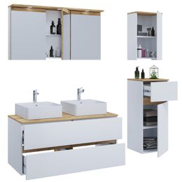Vcm 6-tlg. Doppelwaschtisch Cosila mit 2 Keramikbecken &ndash; Badschrank H. 51 x B. 111 x T. 51 cm mit 2 Softclose-Schubladen, Spiegelschrank mit Beleuchtung & Steckdose, Midi und H&auml;ngeschrank, Waschplatz Set Cosila-A