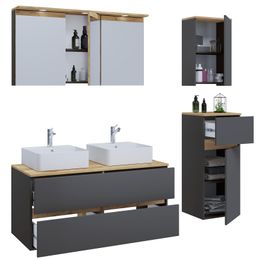Vcm 6-tlg. Doppelwaschtisch Cosila mit 2 Keramikbecken &ndash; Badschrank H. 51 x B. 111 x T. 51 cm mit 2 Softclose-Schubladen, Spiegelschrank mit Beleuchtung & Steckdose, Midi und H&auml;ngeschrank, Waschplatz Set Cosila-A