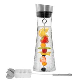 Stoneline Glaskaraffe 1 Liter, mit Fruchtspiess / Fruchteinsatz und Sp&uuml;lb&uuml;rste, Wasserkaraffe mit Ausgie&szlig;er aus Edelstahl, Glaskaraffe mit Deckel, Karaffe mit Fruchteinsatz