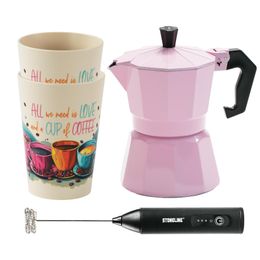 Stoneline Espressokocher Set mit Becher & Milchaufsch&auml;umer, Rosa