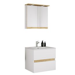 Vcm 3-tlg. Waschtisch Set mit Keramikbecken, Badschrank mit 2 Softclose-Schubladen, Spiegelschrank mit Beleuchtung und Steckdose, Ma&szlig;e Unterschrank H. 51 x B. 61 x T. 47 cm, Cosila-I