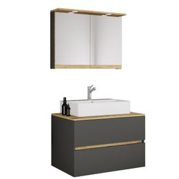 Vcm 3-tlg. Waschtisch Set mit Keramikbecken, Badschrank mit 2 Softclose-Schubladen, Spiegelschrank mit Beleuchtung und Steckdose, Ma&szlig;e Unterschrank H. 51 x B. 80 x T. 51 cm, Cosila-A