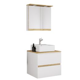 Vcm 3-tlg. Waschtisch Set mit Keramikbecken, Badschrank mit 2 Softclose-Schubladen, Spiegelschrank mit Beleuchtung und Steckdose, Ma&szlig;e Unterschrank H. 51 x B. 60 x T. 51 cm, Cosila-A