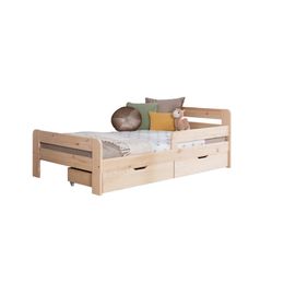 Ticaa Einzelbett Kinderbett Jugendbett, Bennet mit Schubkasten Rausfallschutz f&uuml;r Schlafzimmer, Kinderzimmer Kiefer Massivholz Bettgestell 90/100/120 x 200 cm