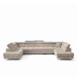 Muffo Ecksofa, Beige, Textil, Holz, Echtholz,Kiefer, 7-Sitzer, U-Form, 400x90x203 cm, Handmade in Europe, Made in EU, Hergestellt in Europa, Oeko-Tex&reg;, Reach, Wohnzimmer, Sofas & Couches, Wohnlandschaften, Wohnlandschaft U-Form
