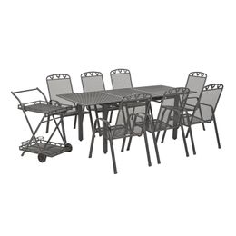 Greemotion Gartentischgruppe Toulouse, 9-teilig, ausziehbar, stapelbar, Servierwagen, Eisenstahl, Kunststoffummantelung, Streckmetall-Design, eisengrau, mit Blatt-Applikationen