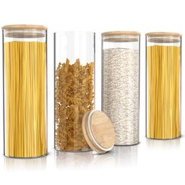 arendo Vorratsgl&auml;ser 4er-Set, je 2,2 l, rund, Borosilikatglas mit Bambusdeckel und Silikondichtung, luftdicht
