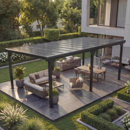 Alu-Pergola MCW-O23, Pavillon Terrassen&uuml;berdachung, stabiles 10cm-Gestell Polycarbonat-Dach Regenrinne 3x6m ~ anthrazit
