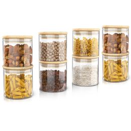 arendo Vorratsgl&auml;ser 8er-Set, je 0,75 l, rund, Borosilikatglas mit Bambusdeckel und Silikondichtung, luftdicht