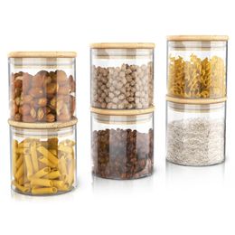 arendo Vorratsgl&auml;ser 6er-Set, je 0,75 l, rund, Borosilikatglas mit Bambusdeckel und Silikondichtung, luftdicht