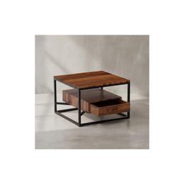 KADIMA DESIGN Moderner Sofatisch mit Schublade, Quadratisches Design, Couchtisch Sheesham Massivholz/Metall, 60x60x40 cm
