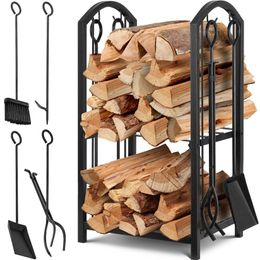 Kesser&reg; Kaminholzregal 5-teiliges Set Kaminholzst&auml;nder Feuerholzablage Brennholzregal Innen und Aussen Metall 2 Ebenen mit 4 Kaminwerkzeug f&uuml;r Kamin & Ofen, Stahl 40x30x74,5cm Verstellbar