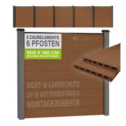 Juskys&reg; WPC Sichtschutzzaun 5er Set - 5x Element + 6x Pfosten & Zubeh&ouml;r, Gartenset WPC- & Stahlkonstruktion, Teak / Grau