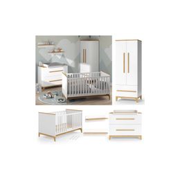 Vitalispa Babym&ouml;bel Set Malia Wei&szlig; Eiche Wickelkommode Wandregal Kinderbett Kleiderschrank Kinderzimmerm&ouml;bel Wickelauflage Aufbewahrung Lattenrost Rausfallschutz Kleiderstange