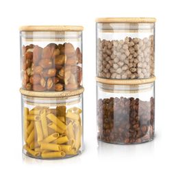 arendo Vorratsgl&auml;ser 4er-Set, je 0,75 l, rund, Borosilikatglas mit Bambusdeckel und Silikondichtung, luftdicht