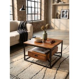 KADIMA DESIGN Couchtisch Quadratisch in Massivholz und Metall, mit Schublade, 60x60x40cm, Moderner Stil