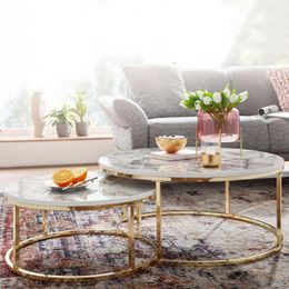 Couchtisch FineBuy Sofatisch 2er Set Wei&szlig; Marmor Optik Satztisch Tisch Rund